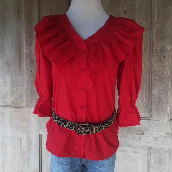 Vintage | Tops | Vintage Red Ruffle Top | Poshmark